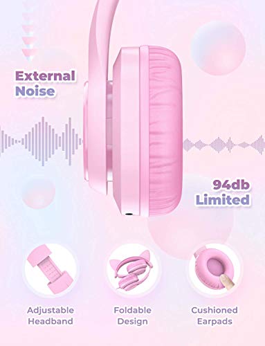 iClever Kids Headphones with Cat Ear Led Light Up, Safe Volume Limite Kids Wired Headphones with Microphone, FunShare Foldable Over-Ear Headphones for Kids/School/iPad/Tablet/Travel, Meow Donut-Pink