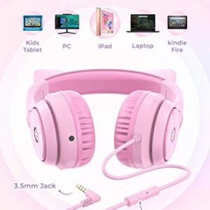 iClever Kids Headphones with Cat Ear Led Light Up, Safe Volume Limite Kids Wired Headphones with Microphone, FunShare Foldable Over-Ear Headphones for Kids/School/iPad/Tablet/Travel, Meow Donut-Pink