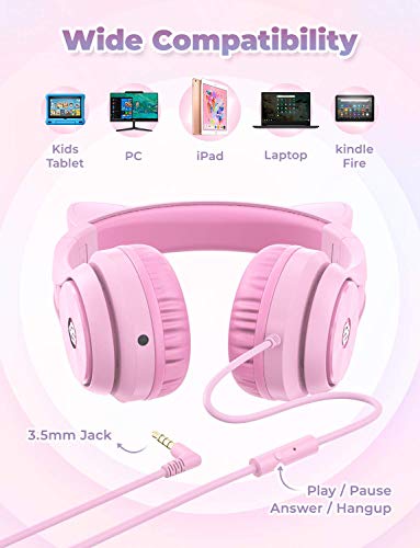 iClever Kids Headphones with Cat Ear Led Light Up, Safe Volume Limite Kids Wired Headphones with Microphone, FunShare Foldable Over-Ear Headphones for Kids/School/iPad/Tablet/Travel, Meow Donut-Pink