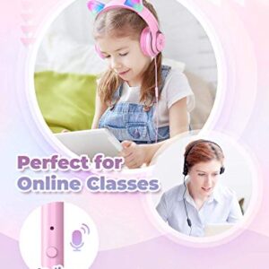 iClever Kids Headphones with Cat Ear Led Light Up, Safe Volume Limite Kids Wired Headphones with Microphone, FunShare Foldable Over-Ear Headphones for Kids/School/iPad/Tablet/Travel, Meow Donut-Pink