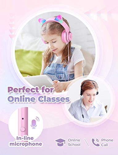 iClever Kids Headphones with Cat Ear Led Light Up, Safe Volume Limite Kids Wired Headphones with Microphone, FunShare Foldable Over-Ear Headphones for Kids/School/iPad/Tablet/Travel, Meow Donut-Pink