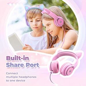 iClever Kids Headphones with Cat Ear Led Light Up, Safe Volume Limite Kids Wired Headphones with Microphone, FunShare Foldable Over-Ear Headphones for Kids/School/iPad/Tablet/Travel, Meow Donut-Pink