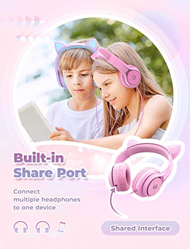 iClever Kids Headphones with Cat Ear Led Light Up, Safe Volume Limite Kids Wired Headphones with Microphone, FunShare Foldable Over-Ear Headphones for Kids/School/iPad/Tablet/Travel, Meow Donut-Pink