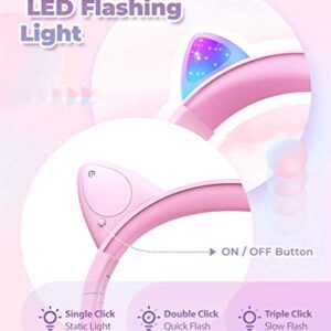 iClever Kids Headphones with Cat Ear Led Light Up, Safe Volume Limite Kids Wired Headphones with Microphone, FunShare Foldable Over-Ear Headphones for Kids/School/iPad/Tablet/Travel, Meow Donut-Pink