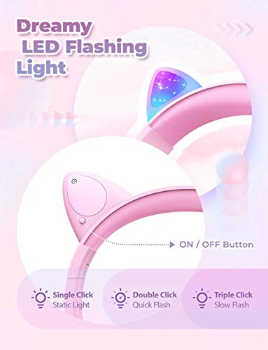 iClever Kids Headphones with Cat Ear Led Light Up, Safe Volume Limite Kids Wired Headphones with Microphone, FunShare Foldable Over-Ear Headphones for Kids/School/iPad/Tablet/Travel, Meow Donut-Pink