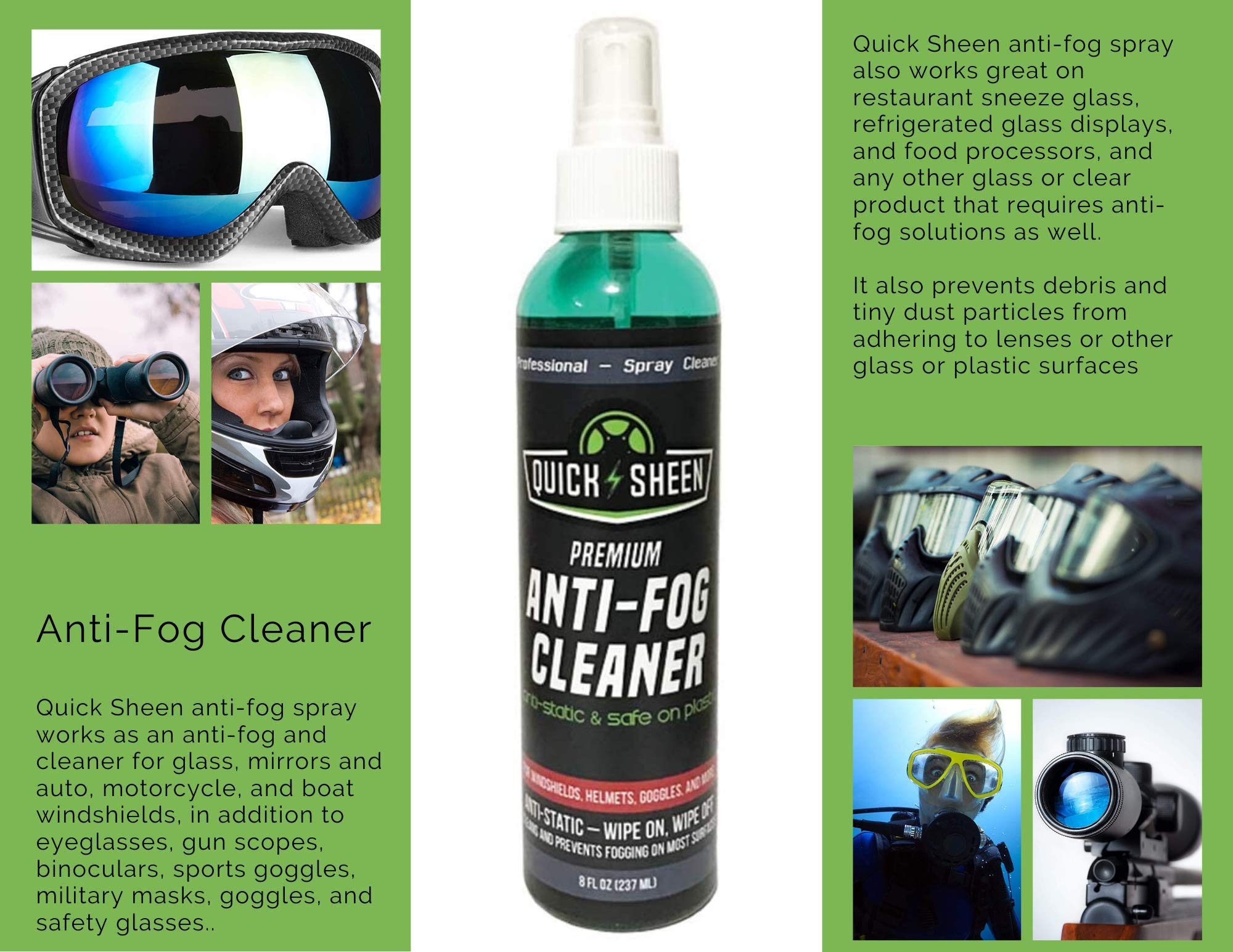 Quick Sheen Anti-Fog Spray for Glass, Windows, Glasses, Masks, Mirrors, Goggles