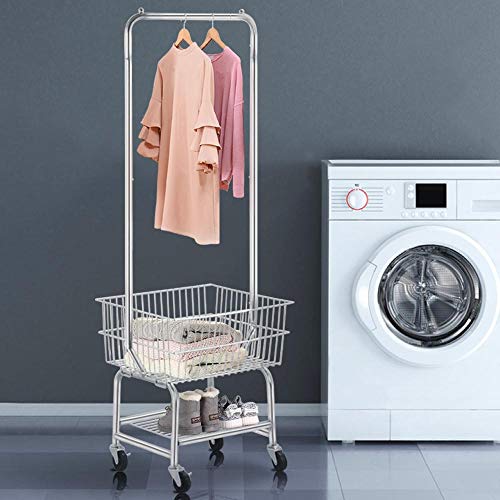 go2buy Standard Commerical Laundry Bulter Rolling Laundry Cart with Hanging Bar, Silver