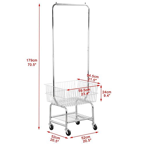 go2buy Standard Commerical Laundry Bulter Rolling Laundry Cart with Hanging Bar, Silver