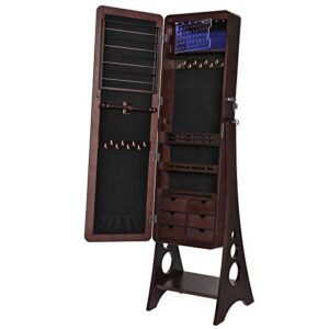 songmics 8 leds jewelry cabinet armoire with beveled edge mirror, gorgeous jewelry organizer large capacity brown patented ujjc89k