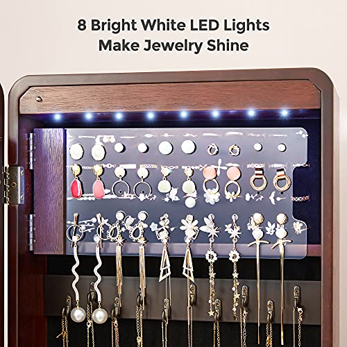 SONGMICS 8 LEDs Jewelry Cabinet Armoire with Beveled Edge Mirror, Gorgeous Jewelry Organizer Large Capacity Brown Patented UJJC89K