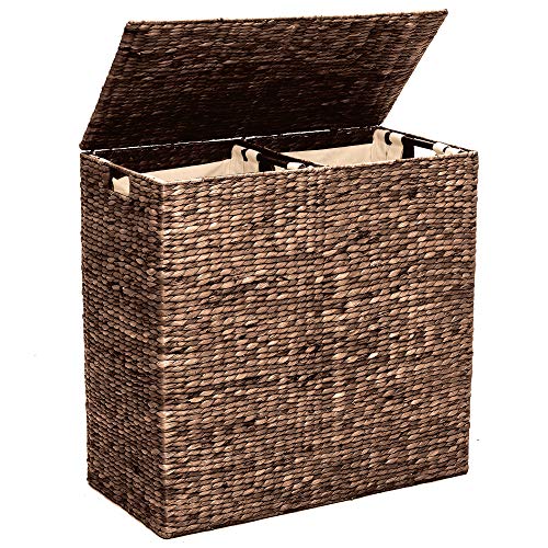 Best Choice Products Rustic Extra Large Natural Woven Water Hyacinth Double Laundry Hamper Storage Basket w/ 2 Removable Machine Washable Cotton Liner Bags, Divided Interior, Lid, Handles - Espresso