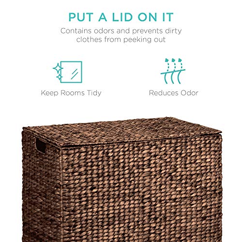 Best Choice Products Rustic Extra Large Natural Woven Water Hyacinth Double Laundry Hamper Storage Basket w/ 2 Removable Machine Washable Cotton Liner Bags, Divided Interior, Lid, Handles - Espresso