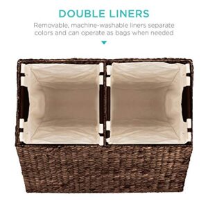 Best Choice Products Rustic Extra Large Natural Woven Water Hyacinth Double Laundry Hamper Storage Basket w/ 2 Removable Machine Washable Cotton Liner Bags, Divided Interior, Lid, Handles - Espresso