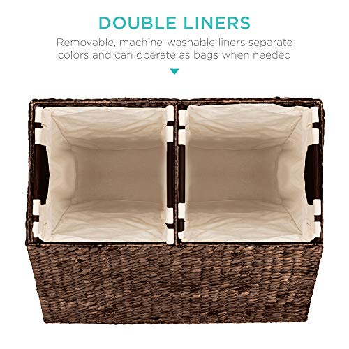 Best Choice Products Rustic Extra Large Natural Woven Water Hyacinth Double Laundry Hamper Storage Basket w/ 2 Removable Machine Washable Cotton Liner Bags, Divided Interior, Lid, Handles - Espresso