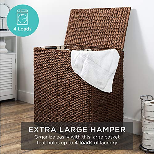 Best Choice Products Rustic Extra Large Natural Woven Water Hyacinth Double Laundry Hamper Storage Basket w/ 2 Removable Machine Washable Cotton Liner Bags, Divided Interior, Lid, Handles - Espresso