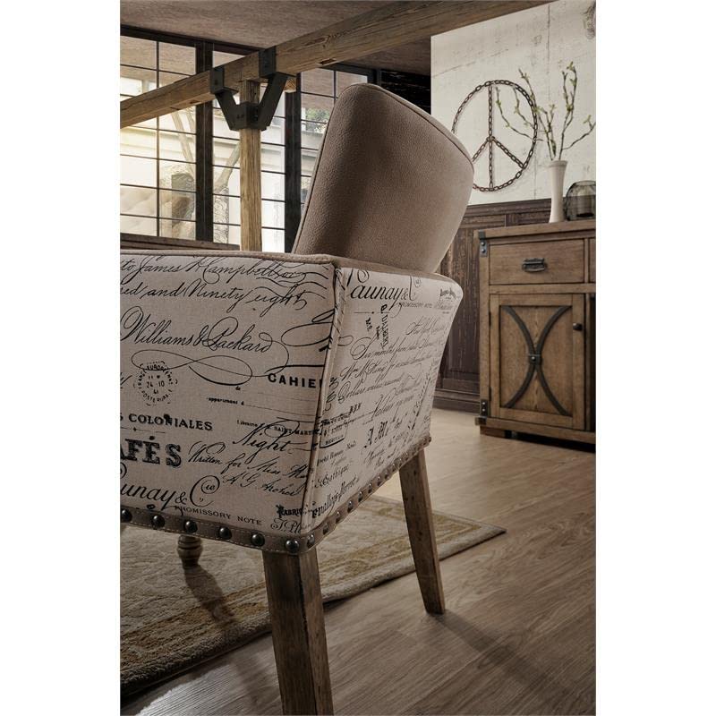 Roundhill Furniture Birmingham Script Printed Driftwood Finish Dining Arm Chair with Nail head, Set of 2,