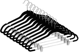 zoyer velvet skirt hangers (12 pack, black)- non slip velvet pants hangers with metal clips, 360° swivel hook, durable thin coat hangers- space saving velvet dresses hangers, shirt & clothes hanger.