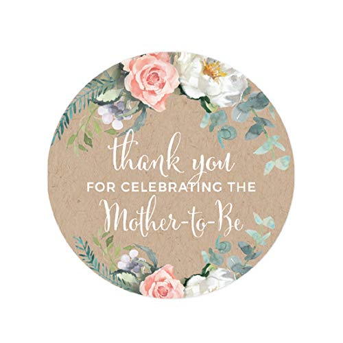 Andaz Press Peach Kraft Brown Rustic Floral Garden Party Baby Shower Collection, Round Circle Label Stickers, Thank You for Celebrating The Mother to Be, 40-Pack