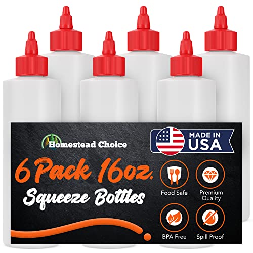 6-pack Plastic Squeeze Condiment Bottles 16-Ounce with Red Twist-Cap Set of 6 16-oz (Perfect for Syrup, Sauce, Ketchup, BBQ, Condiments, Dressing, Arts and Craft, Workshop, Storage, and More)