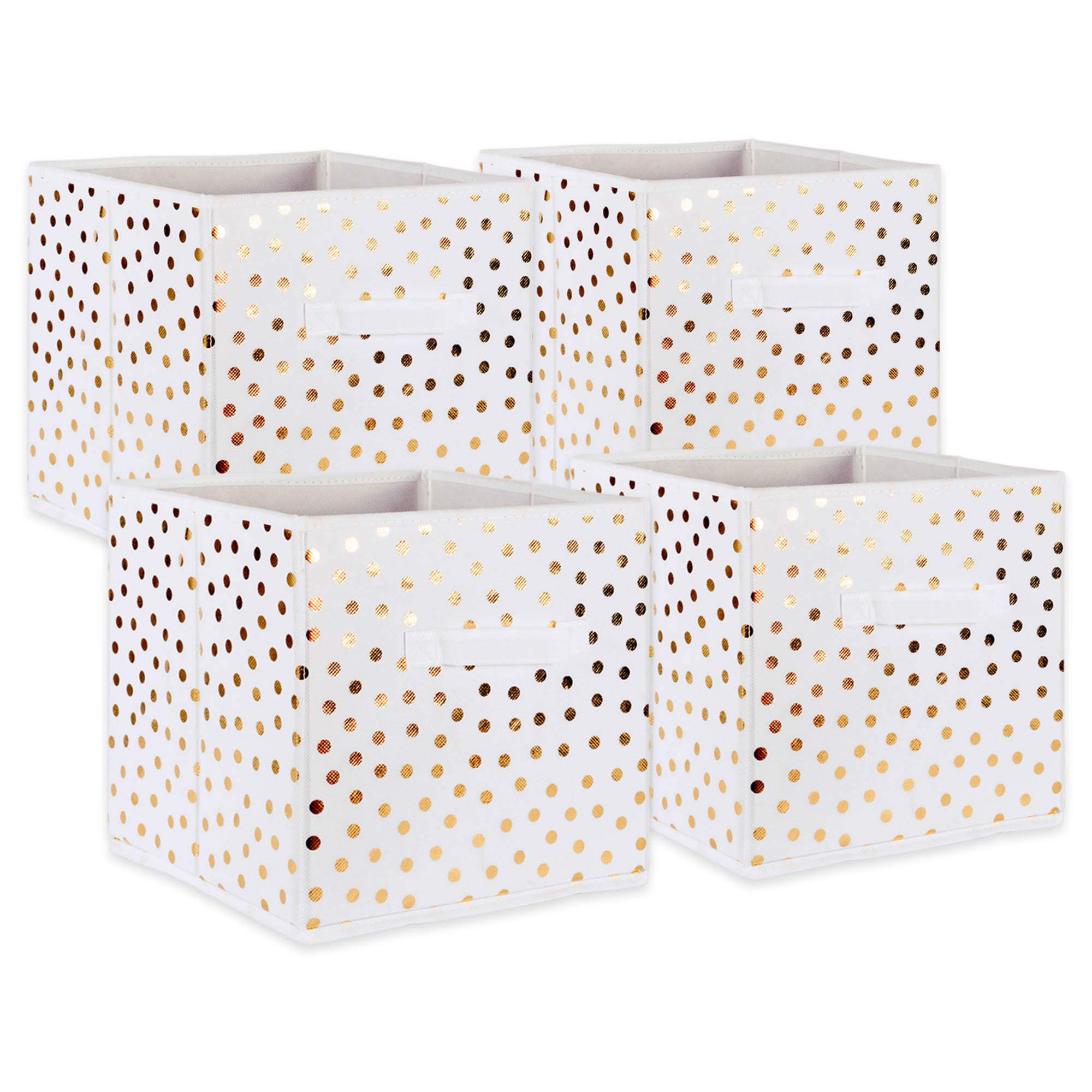 DII Non Woven Storage Collection Polka Dot Collapsible Bin Small Set, 11x11x11 Cube, White with Gold Dots, 4 Piece