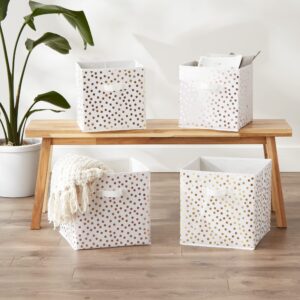 DII Non Woven Storage Collection Polka Dot Collapsible Bin Small Set, 11x11x11 Cube, White with Gold Dots, 4 Piece