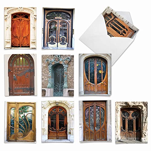 The Best Card Company - 10 Blank Note Cards Boxed (4 x 5.12 Inch) - Architecture, Assorted All Occasion Cards - Art Nouveau Doors M4624OCB-B1x10