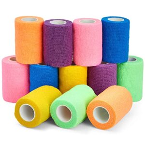 12-pack colorful self adhesive stretch bandage wrap, 3 inches x 6 yards adherent cohesive vet tape for first aid, sports athletes, animals, pets (6 bright colors)