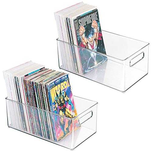 mDesign Deep Plastic Storage Organizer Container Bin, Game and Comic Organization for Cabinet, Cupboard, Playroom, Shelves, Closet - Holds Video Games, Tablets, DVDs, Ligne Collection, 2 Pack, Clear