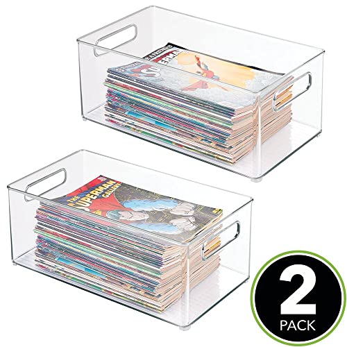 mDesign Deep Plastic Storage Organizer Container Bin, Game and Comic Organization for Cabinet, Cupboard, Playroom, Shelves, Closet - Holds Video Games, Tablets, DVDs, Ligne Collection, 2 Pack, Clear