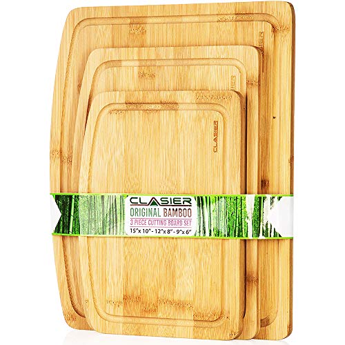 Organic Bamboo Cutting Boards for Kitchen Set of 3 - Eco-Friendly 100% Natural Bamboo Wooden Chopping Board with Juice Groove for Food Prep, Meat, Vegetables, Fruits, Crackers & Cheese - by Clasier