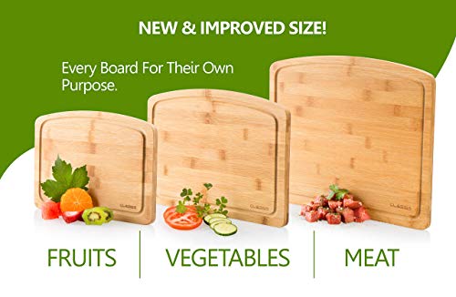 Organic Bamboo Cutting Boards for Kitchen Set of 3 - Eco-Friendly 100% Natural Bamboo Wooden Chopping Board with Juice Groove for Food Prep, Meat, Vegetables, Fruits, Crackers & Cheese - by Clasier