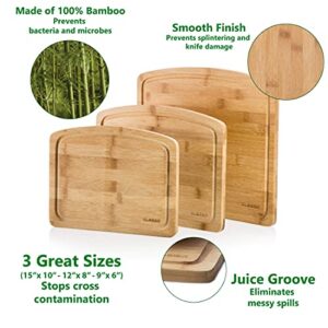 Organic Bamboo Cutting Boards for Kitchen Set of 3 - Eco-Friendly 100% Natural Bamboo Wooden Chopping Board with Juice Groove for Food Prep, Meat, Vegetables, Fruits, Crackers & Cheese - by Clasier