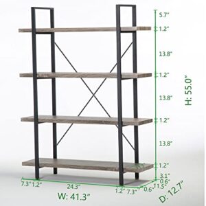 HSH 4-Shelf Vintage Industrial Bookshelf, Rustic Gray Wood and Metal 4 Tier Bookcase, Open Wide Etagere Book Shelf for Home Office Livingroom Bedroom Dispaly, Light Grey Oak