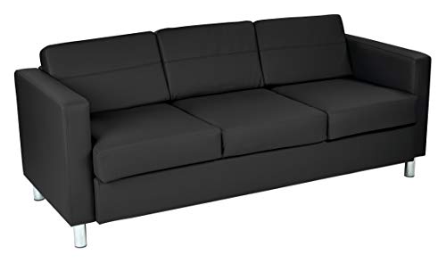 Office Star Pacific Sofa with Padded Box Spring Seats and Silver Finish Legs, Dillon Black Faux Leather