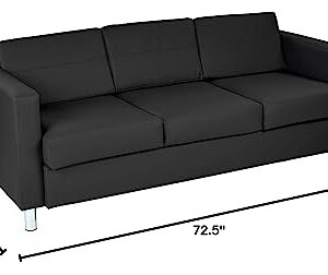 Office Star Pacific Sofa with Padded Box Spring Seats and Silver Finish Legs, Dillon Black Faux Leather