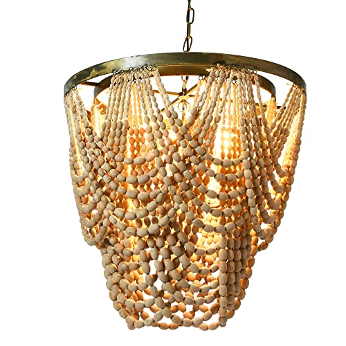 Creative Co-Op Rustic Farmhouse Boho Light Fixture with Wooden Beads - 2-Tier Draped Bead Chandelier