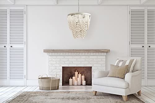 Creative Co-Op Rustic Farmhouse Boho Light Fixture with Wooden Beads - 2-Tier Draped Bead Chandelier