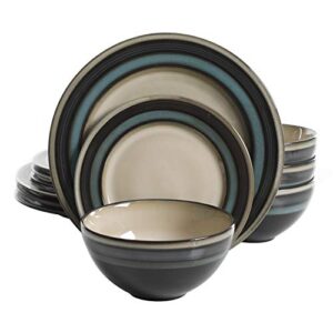 gibson elite 116870.12r everston 12 piece reactive glaze dinnerware set, teal and cream