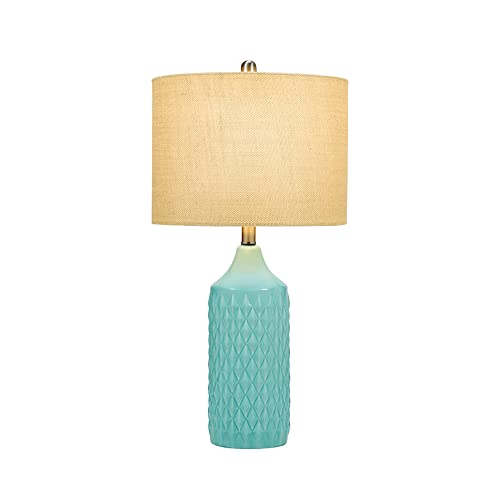 Catalina 19970-000 Cassie Quilted Ceramic Table Lamp with Linen Drum Shade, 26.5", Classic Aqua Blue