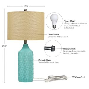 Catalina 19970-000 Cassie Quilted Ceramic Table Lamp with Linen Drum Shade, 26.5", Classic Aqua Blue