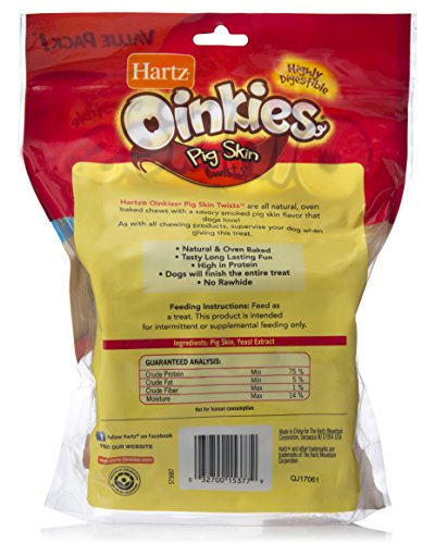 Hartz Oinkies Natural Smoked Pig Skin Twist Dog Treat Chews - 20 Pack