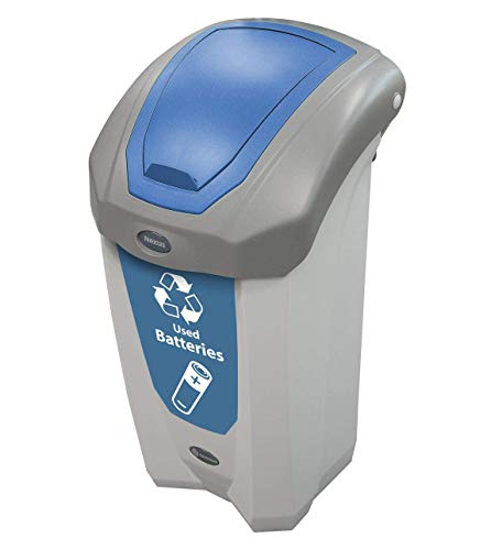 Glasdon Nexus 8G Battery Recycling Bin (Gray, Blue Sticker) – Small Plastic Disposal Bin for Used Batteries – 8-Gallon Battery Recycling Container with Flip Lid