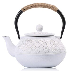 sotya cast iron teapot, 40oz/1200ml japanese tetsubin tea pot with infuser for loose leaf and tea bags, tea kettle coated with enameled interior for stove top, white