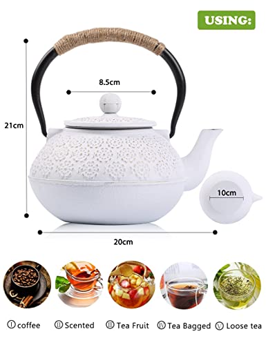 Sotya Cast Iron Teapot, 40oz/1200ml Japanese Tetsubin Tea Pot with Infuser for Loose Leaf and Tea Bags, Tea Kettle Coated with Enameled Interior for Stove Top, White