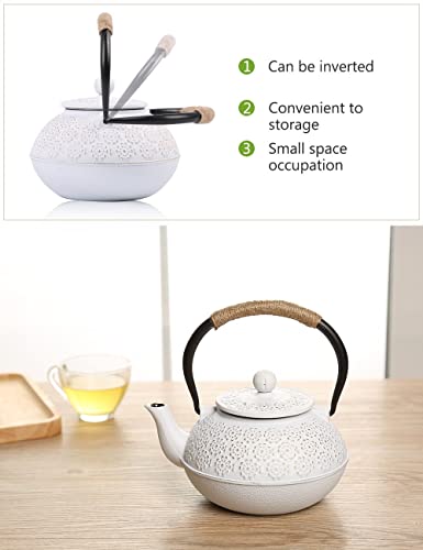 Sotya Cast Iron Teapot, 40oz/1200ml Japanese Tetsubin Tea Pot with Infuser for Loose Leaf and Tea Bags, Tea Kettle Coated with Enameled Interior for Stove Top, White