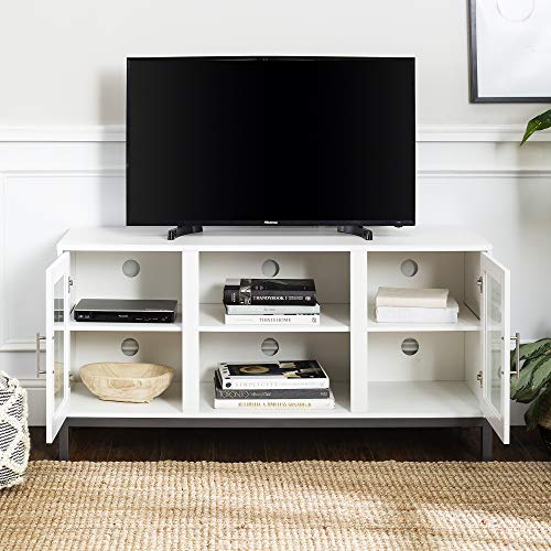 Walker Edison Modern Glass and Wood Universal TV Stand with Open Storage For TV's up to 58" Flat Screen Living Room Storage Entertainment Center, 52 Inch, White