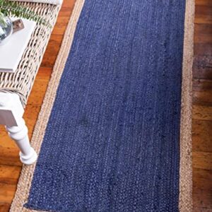 Unique Loom Braided Jute Collection Classic Quality Made Natural Hand Woven with Solid Color Detail, Area Rug, Runner 2' 6" x 6' 0", Navy Blue/Tan