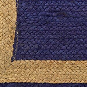 Unique Loom Braided Jute Collection Classic Quality Made Natural Hand Woven with Solid Color Detail, Area Rug, Runner 2' 6" x 6' 0", Navy Blue/Tan