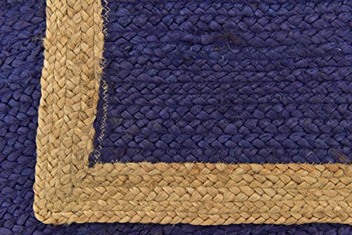 Unique Loom Braided Jute Collection Classic Quality Made Natural Hand Woven with Solid Color Detail, Area Rug, Runner 2' 6" x 6' 0", Navy Blue/Tan