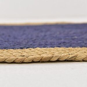 Unique Loom Braided Jute Collection Classic Quality Made Natural Hand Woven with Solid Color Detail, Area Rug, Runner 2' 6" x 6' 0", Navy Blue/Tan